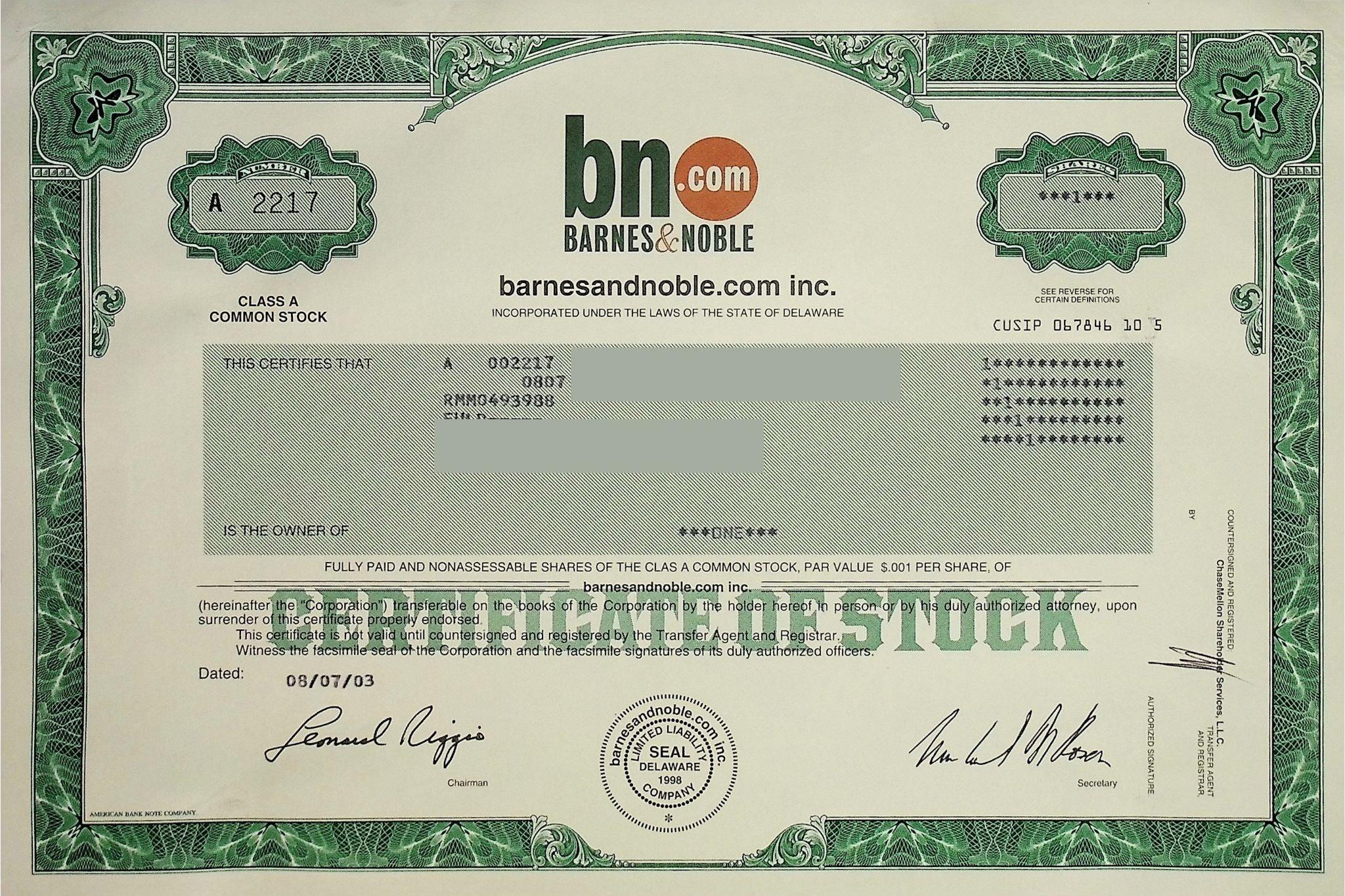 Barnes & Noble Stock Certificate - 2003 dot com – Ticker History