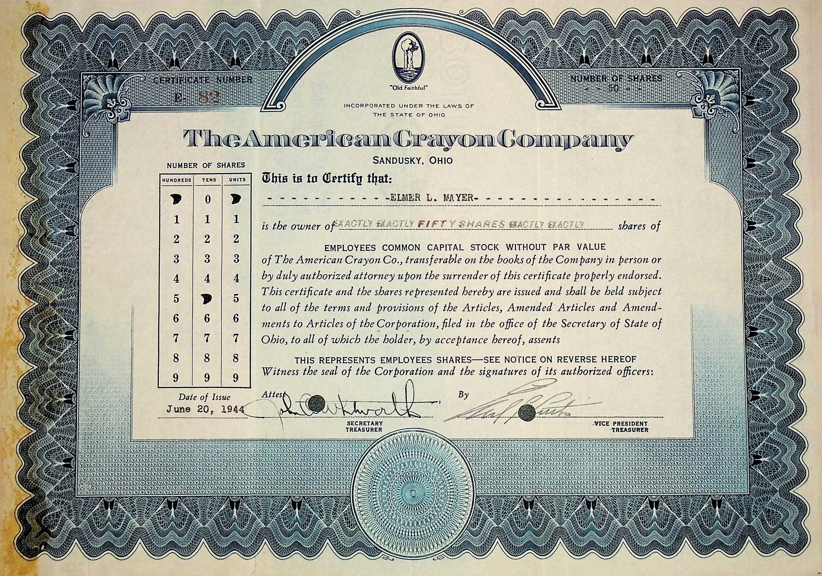 American Crayon Company Stock Certificate – Ticker History