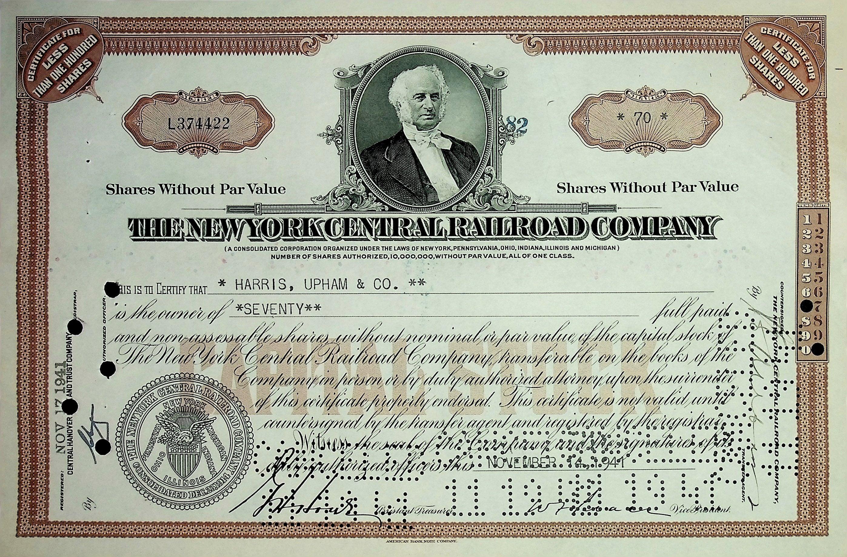 New York Central Railroad Company Stock Certificate from 1964 – Ticker History