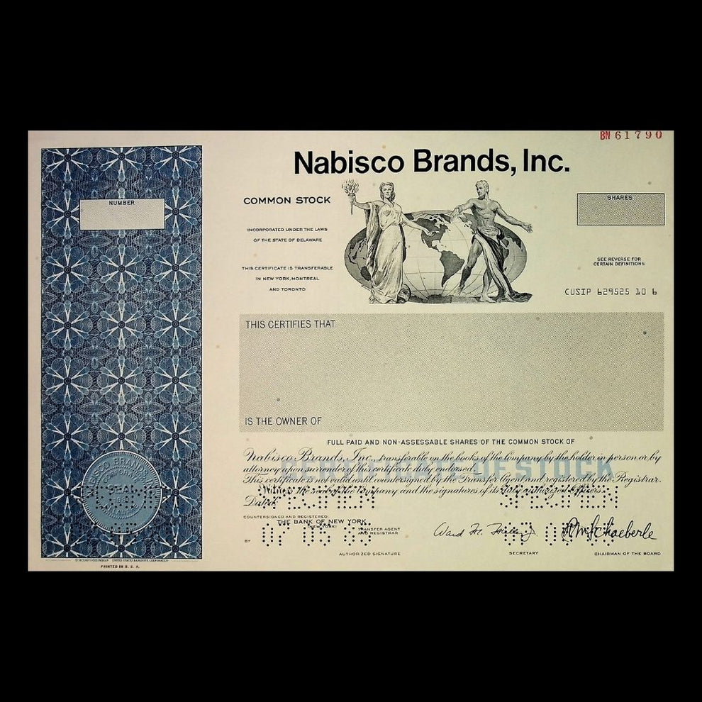 Nabisco Inc, Unissued Stock Certificate from 1980s – Ticker History