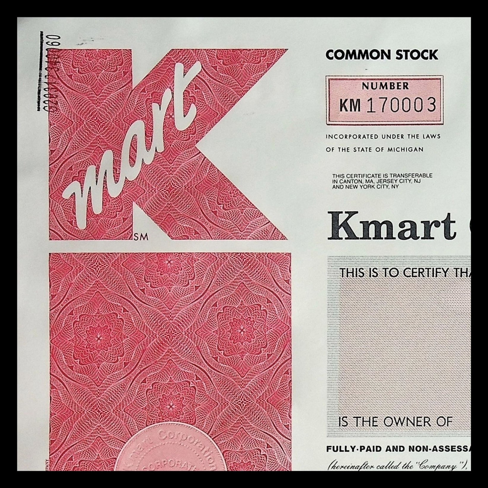 Kmart Corporation Stock Certificate from 2002 w/ Red K logo – Ticker ...