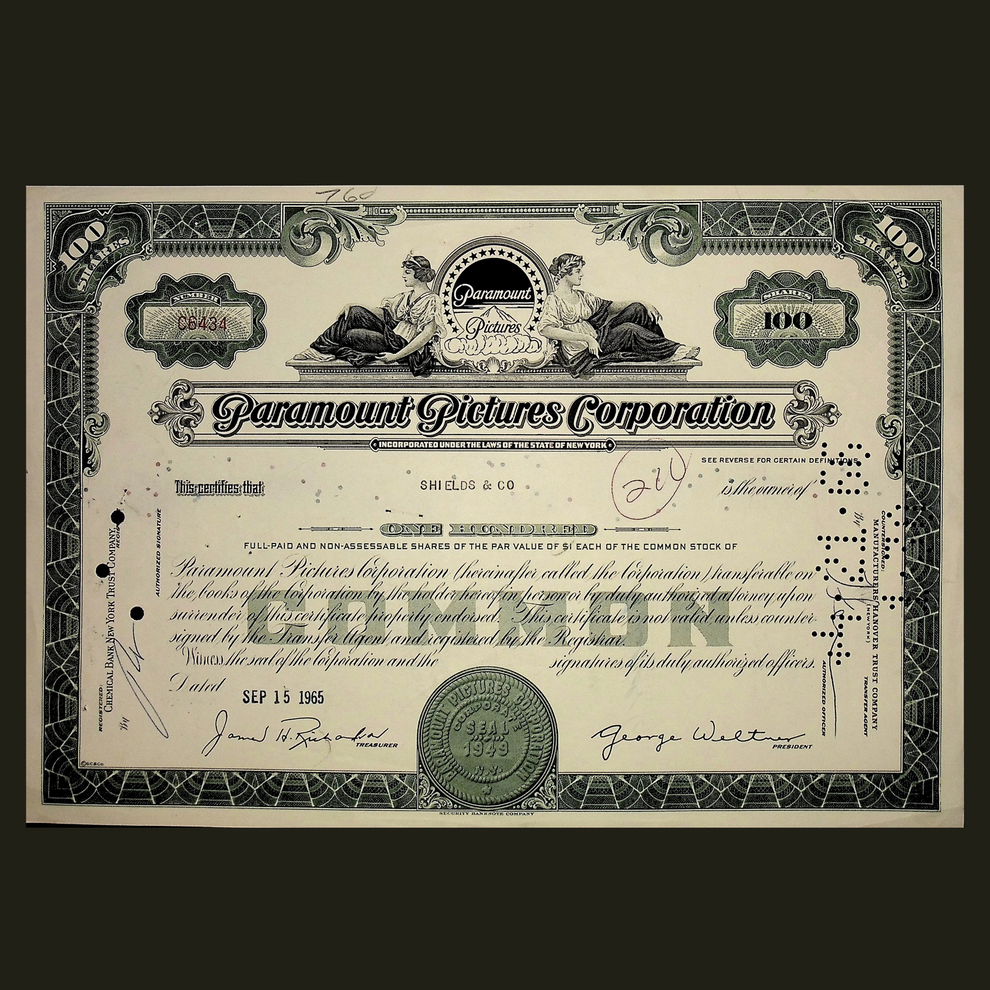 Paramount Pictures Stock Certificate from 1960s – Ticker History