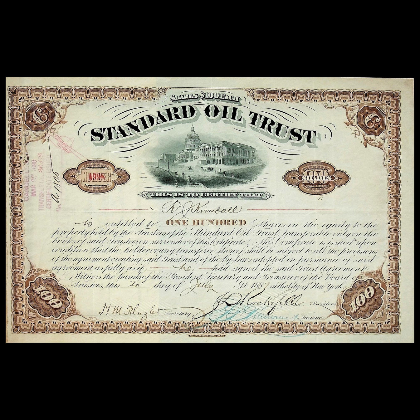 Standard Oil Stock Certificate Signed by John D Rockefeller & Henry Fl ...