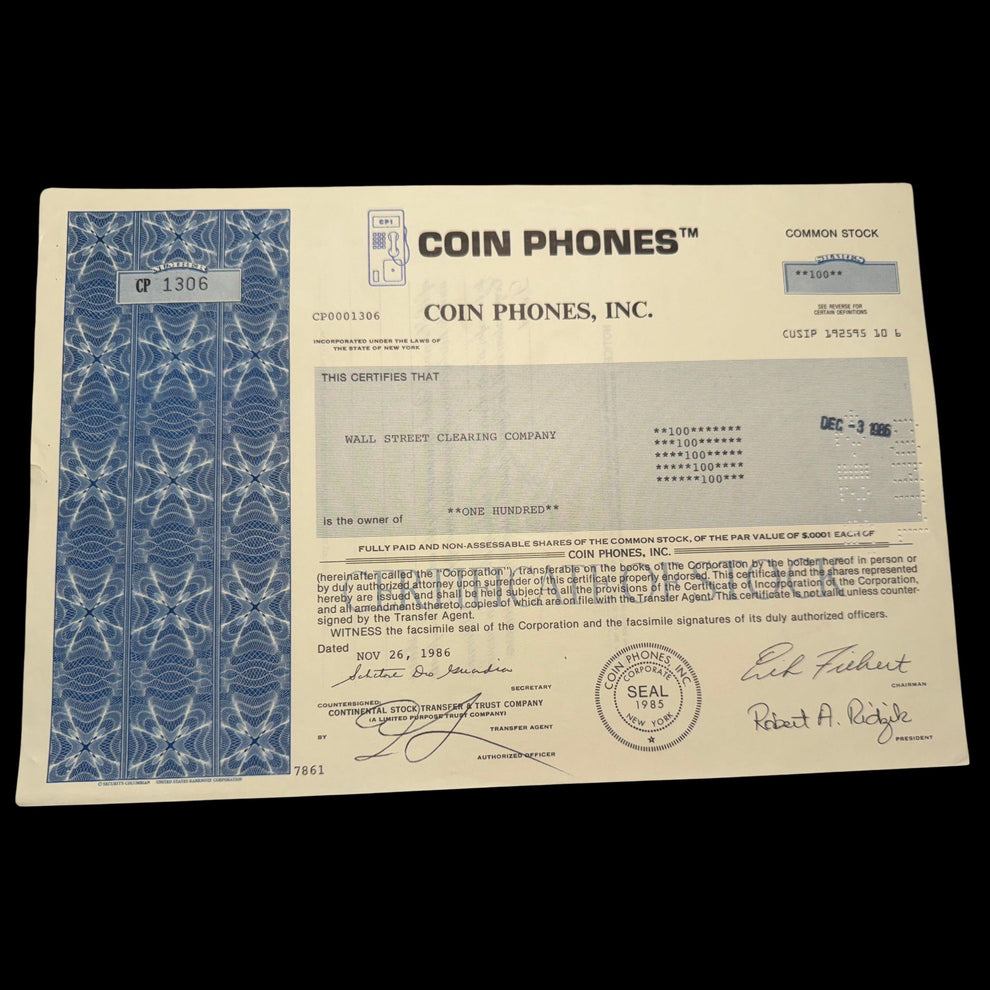 Coin Phones, Inc Stock Certificate from 1980s – Ticker History