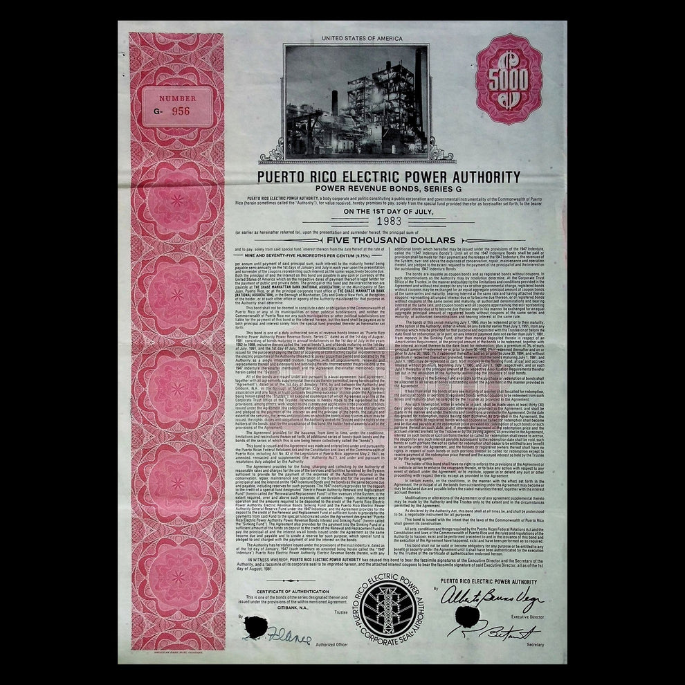 Puerto Rico Electric Power Authority (PREPA) Bond Certificate from 198 ...
