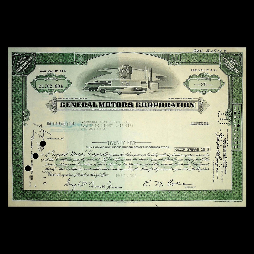 General Motors Stock Certificate (3 color options) from 1950s-1970s ...