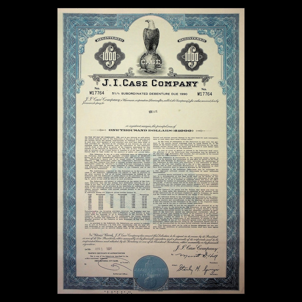 J.I. Case Company (Tractors) Bond Certificate from 1960s/70s – Ticker ...
