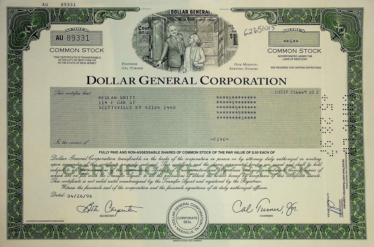 Dollar General Green Stock Certificate (with founders) Stock Certifica – Ticker History