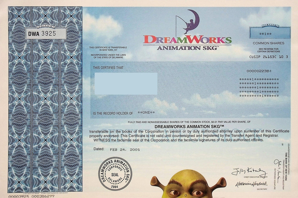DreamWorks Stock Certificate (Issued) - 2005 – Ticker History
