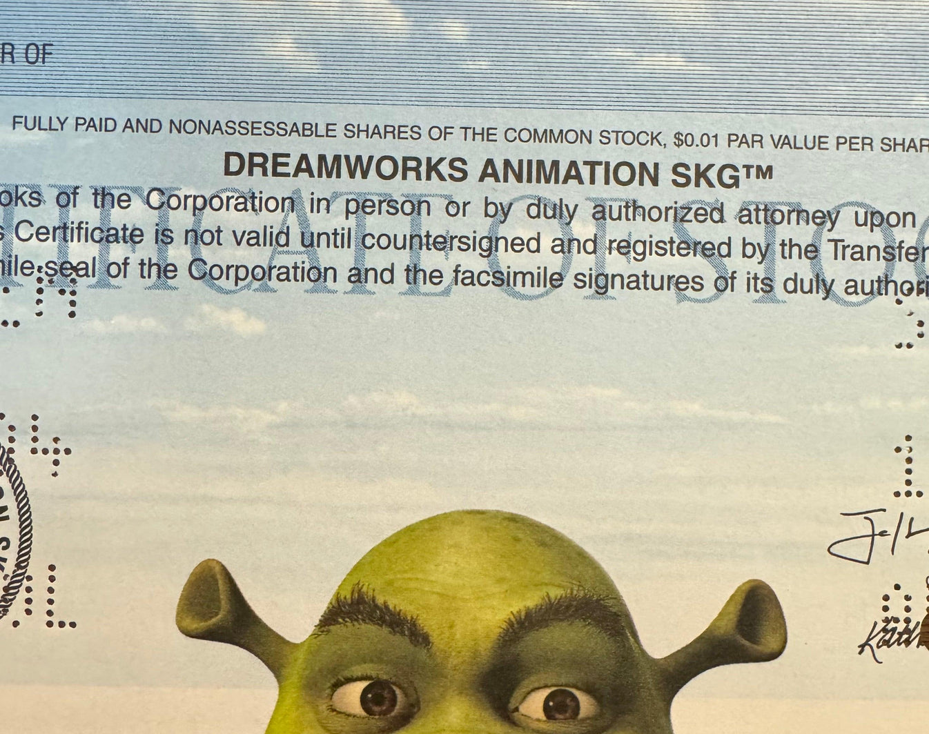 DreamWorks Animation - Specimen Stock Certificate (Colorful w/ Shrek ...