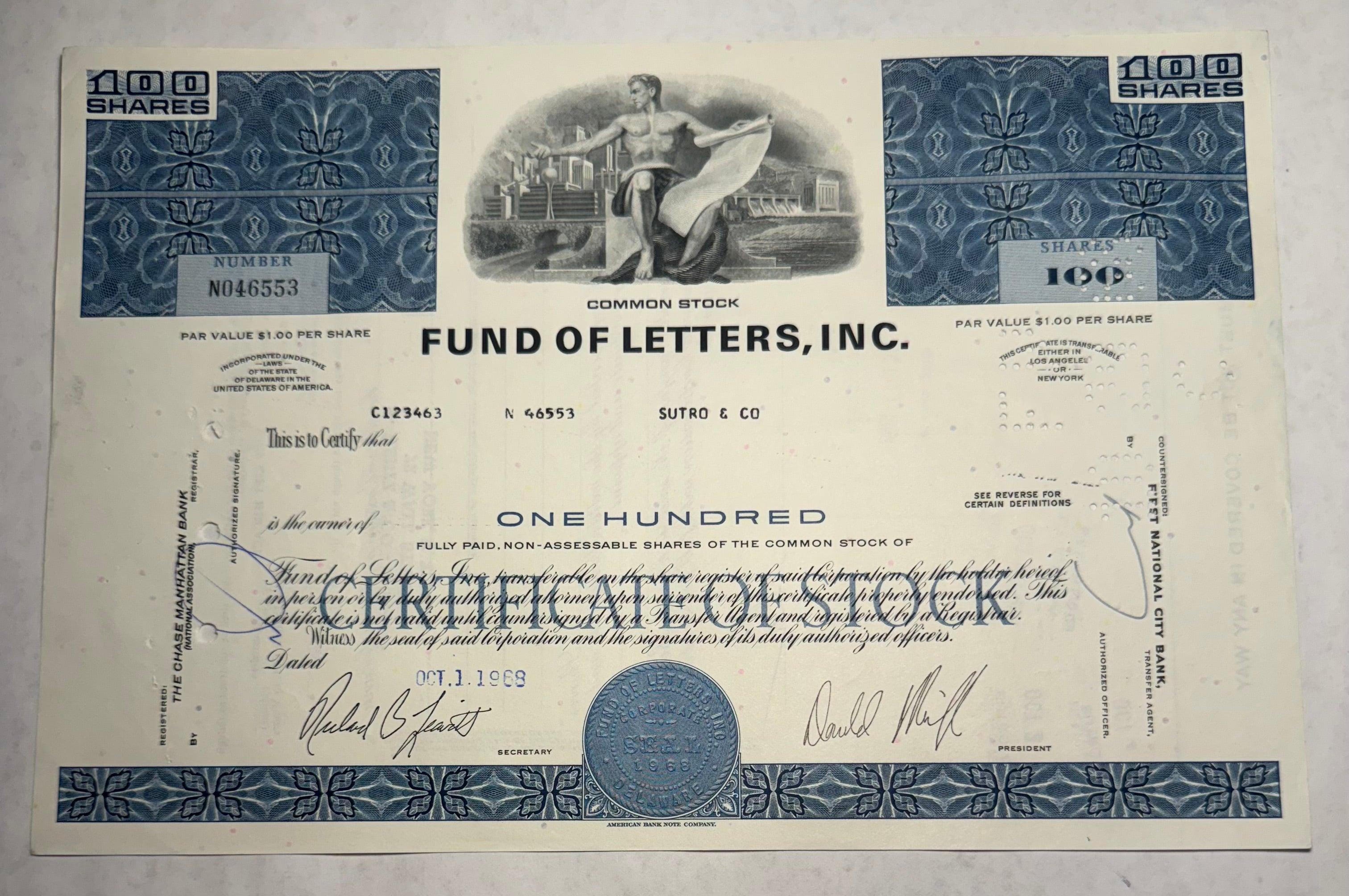Fund of Letters Stock (Charlie Munger owned) Stock Certificate – Ticker ...