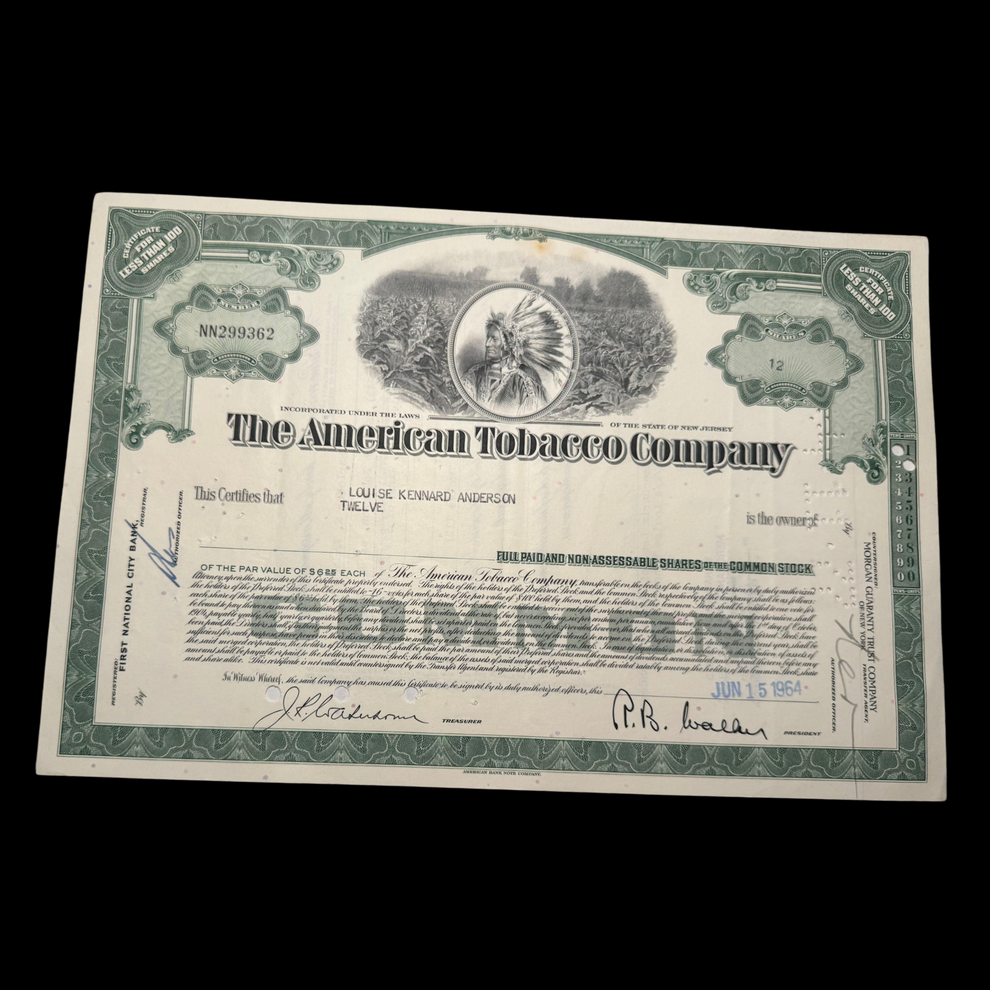 American Tobacco Company Stock Certificate from 1960s – Ticker History