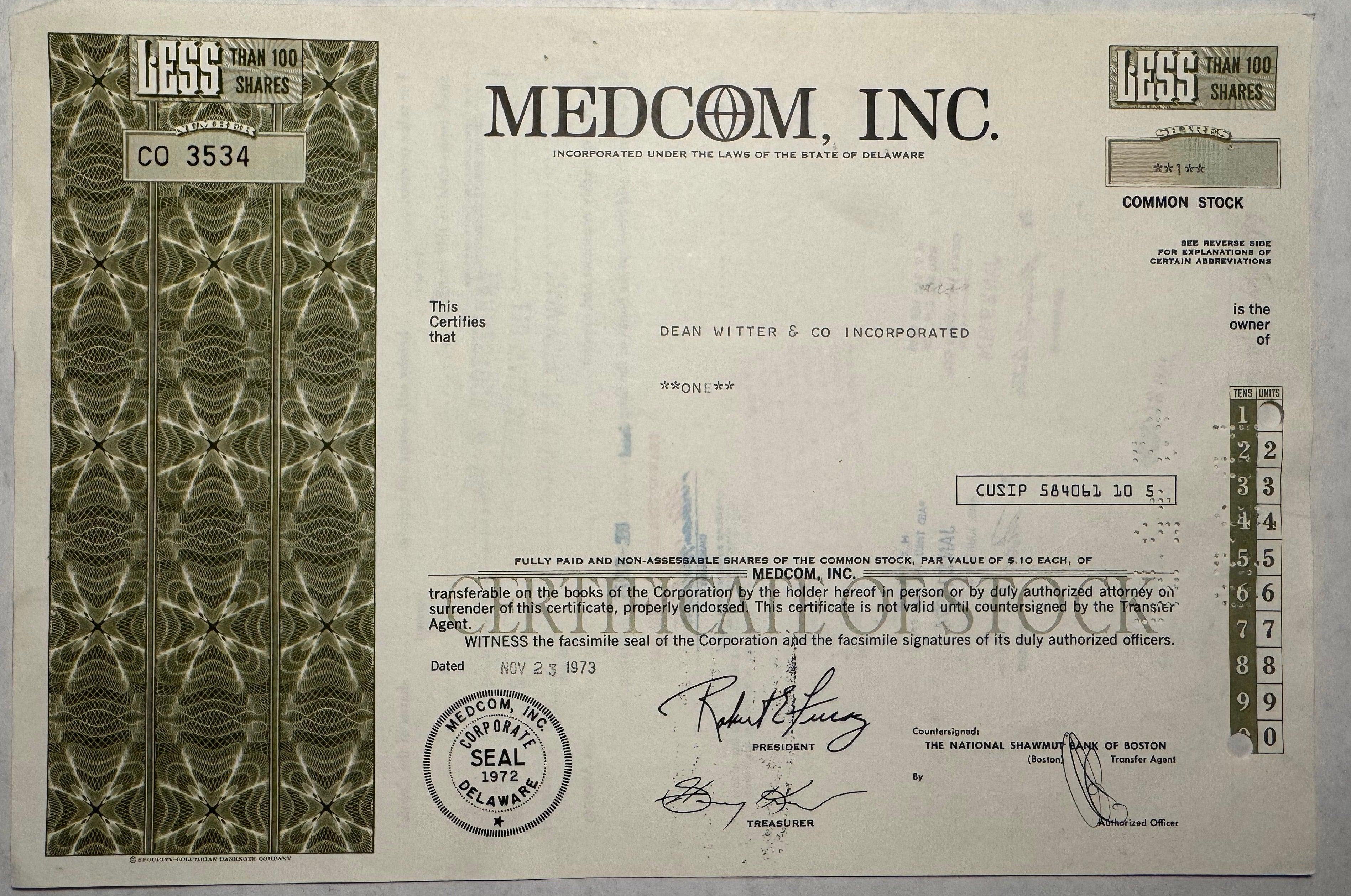 Medcom Inc (now Baxter) Stock Certificate – Ticker History
