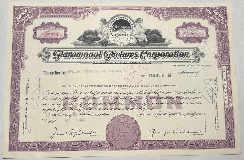 Paramount Pictures Stock Certificate – Ticker History