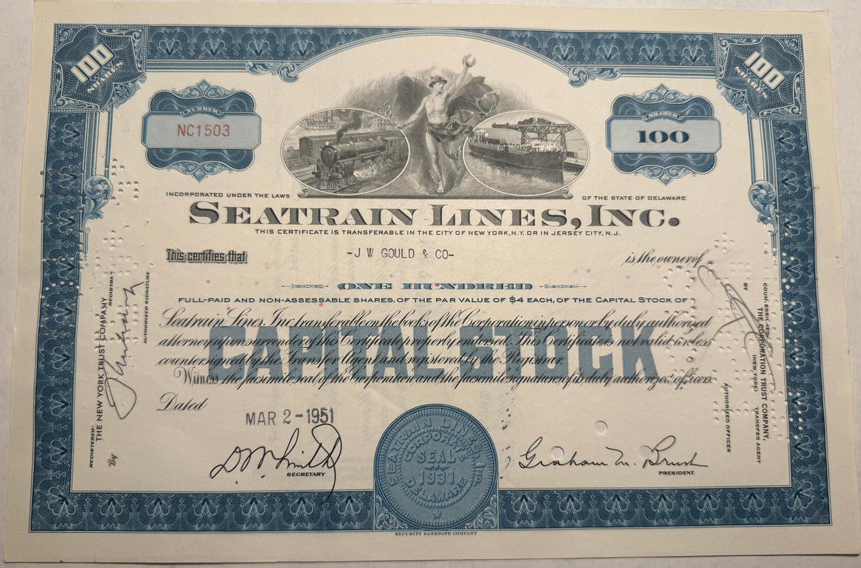 Seatrain Lines Inc Stock Certificate from 1950 - 1960 with Train and S ...