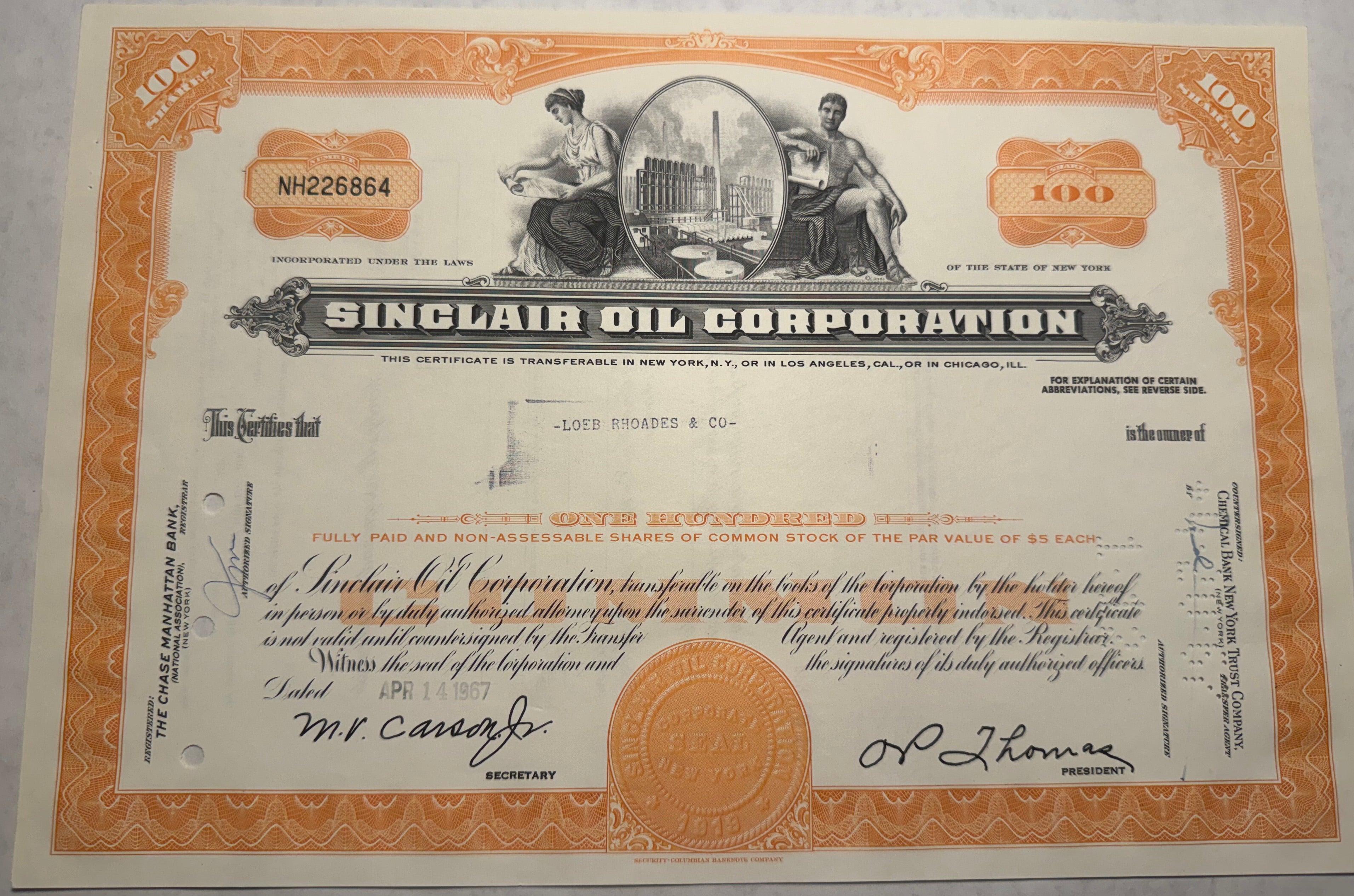 Sinclair Oil Corporation Stock Certificate – Ticker History