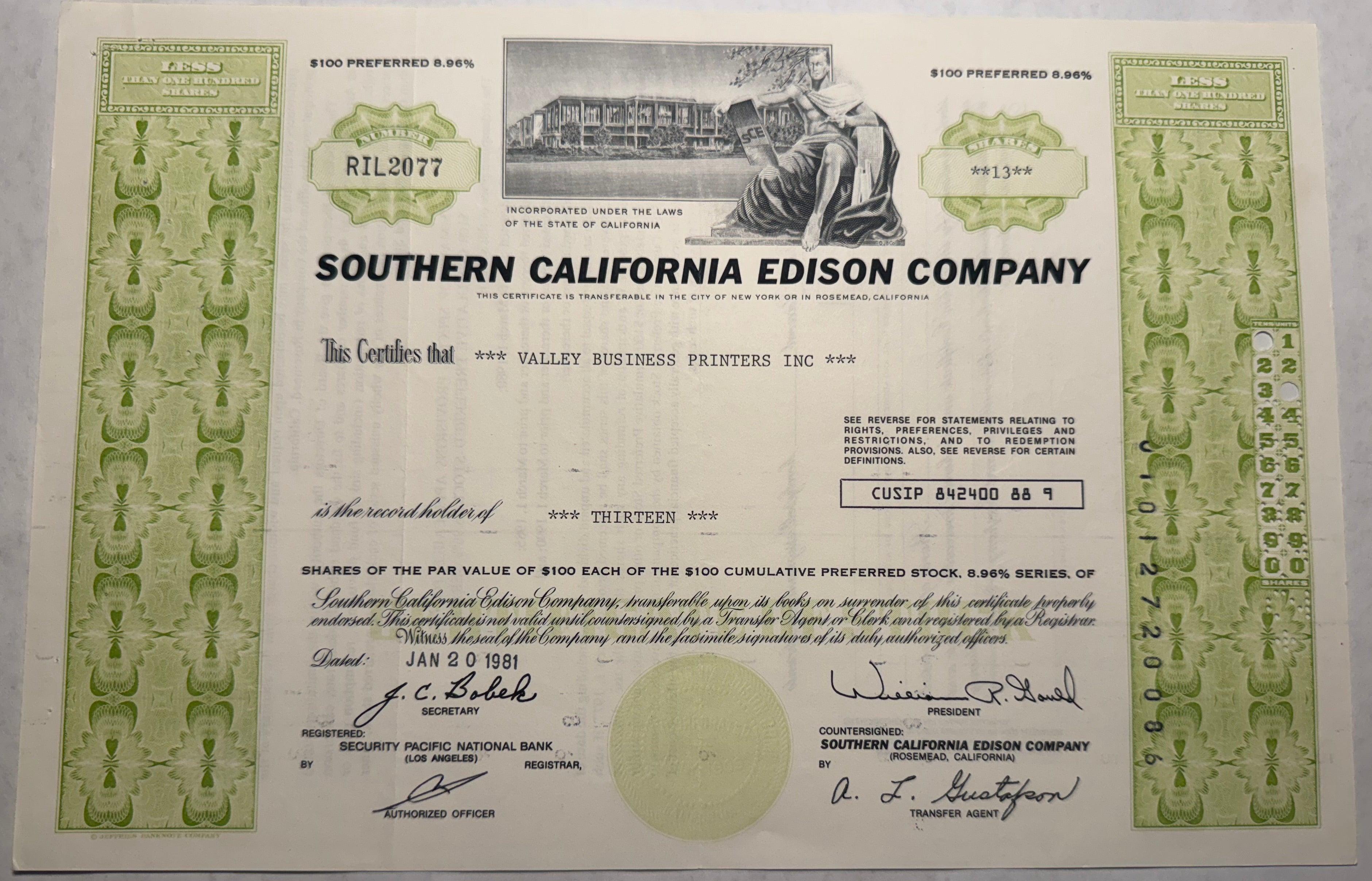 Southern California Edison Company Stock Certificate (green & turquois ...