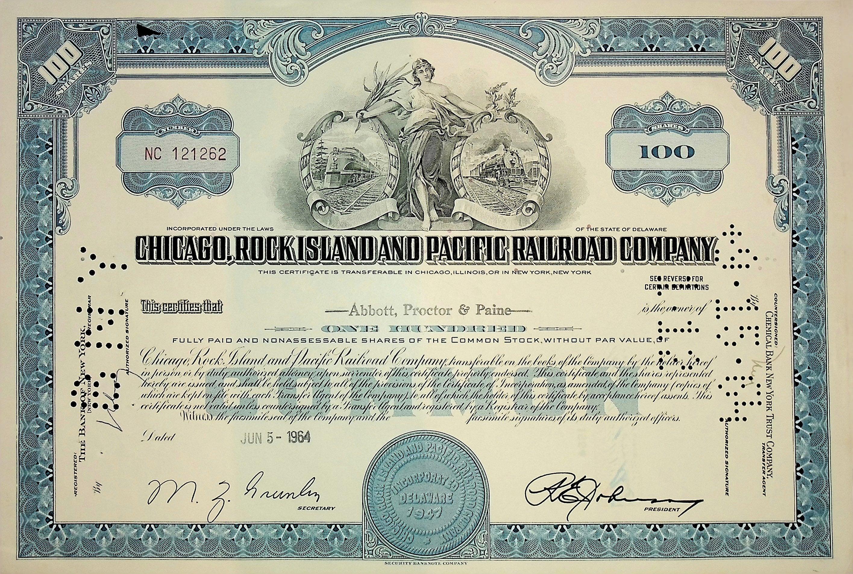 Chicago, Rock Island and Pacific Railroad Company Stock Certificate ...