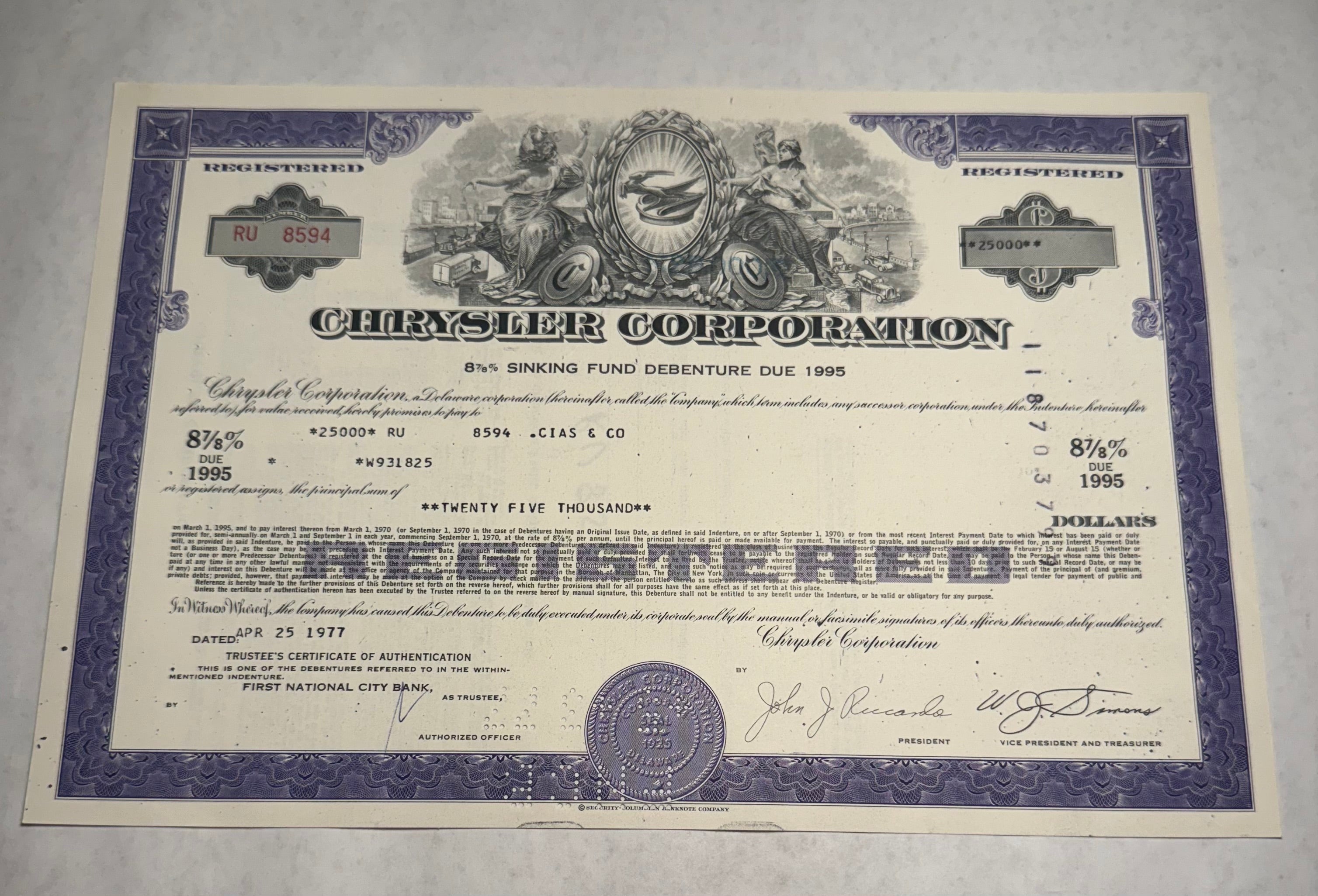 Chrysler Automotive Bond Certificates ($1k / $10k / $25k increments ...