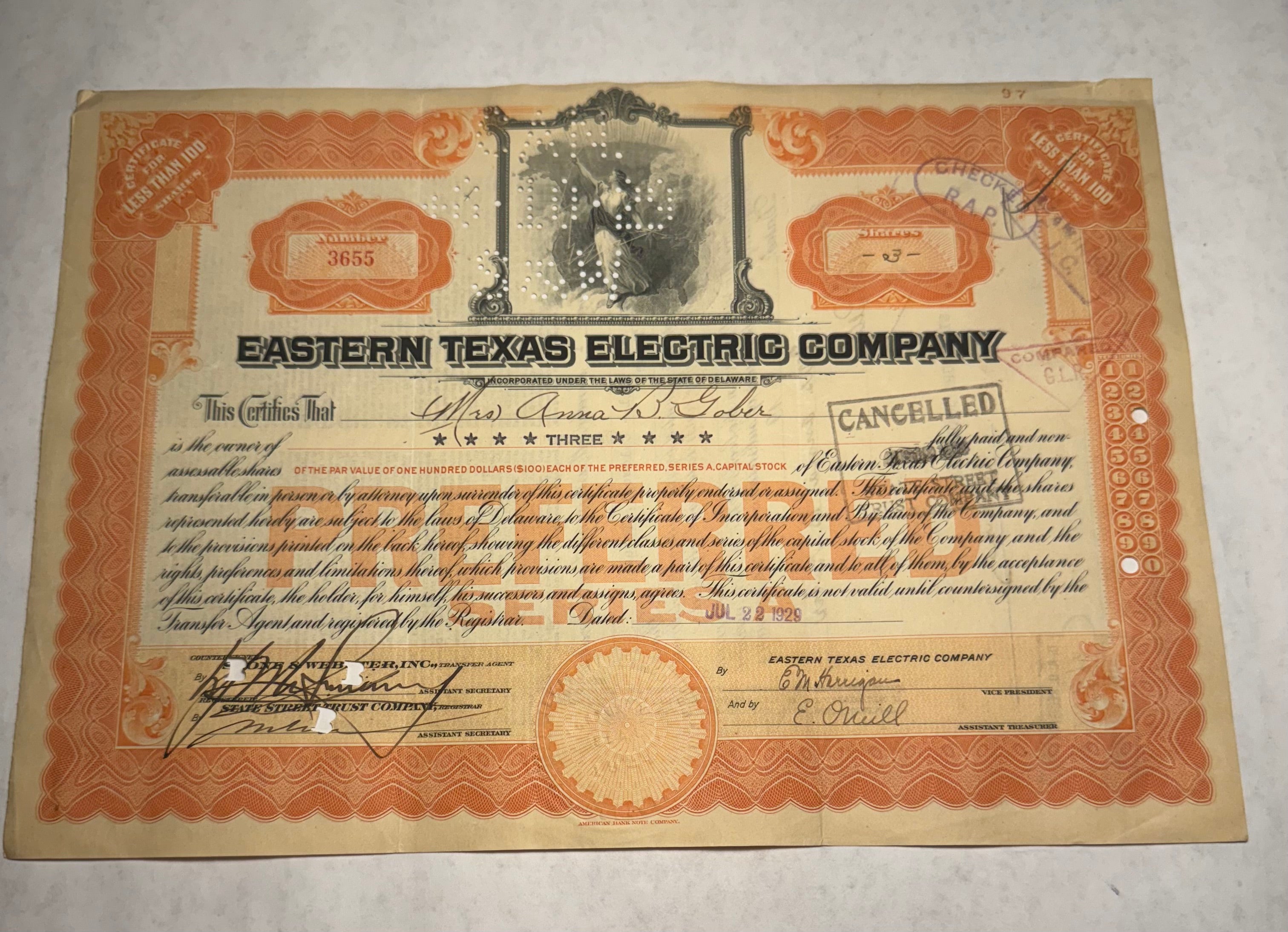 Eastern Texas Electric Company Stock Certificate – Ticker History