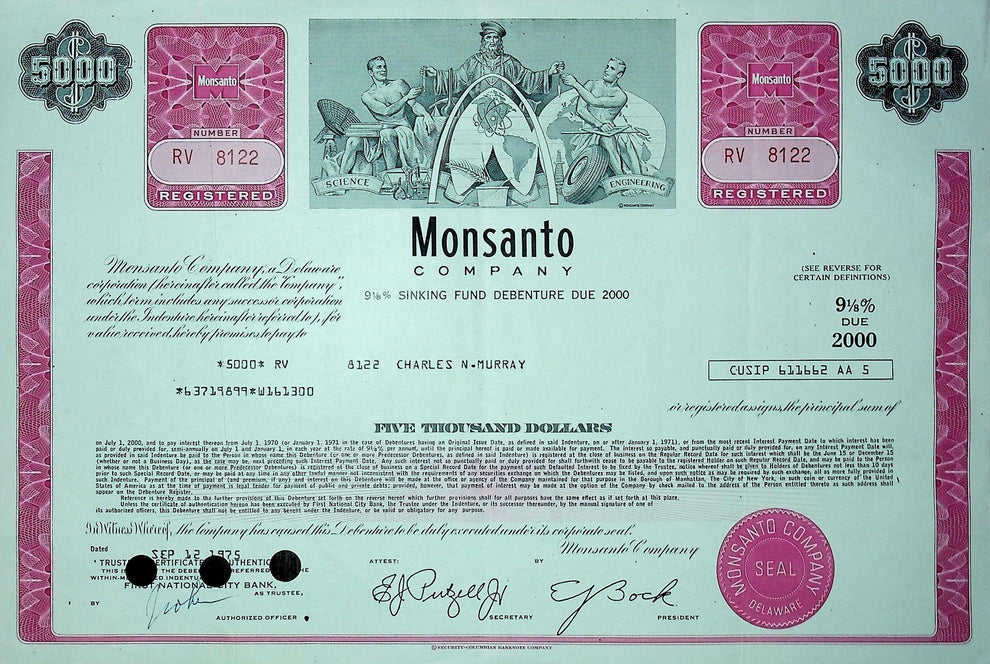 Monsanto (now Bayer) Bond Certificate 1970s – Ticker History