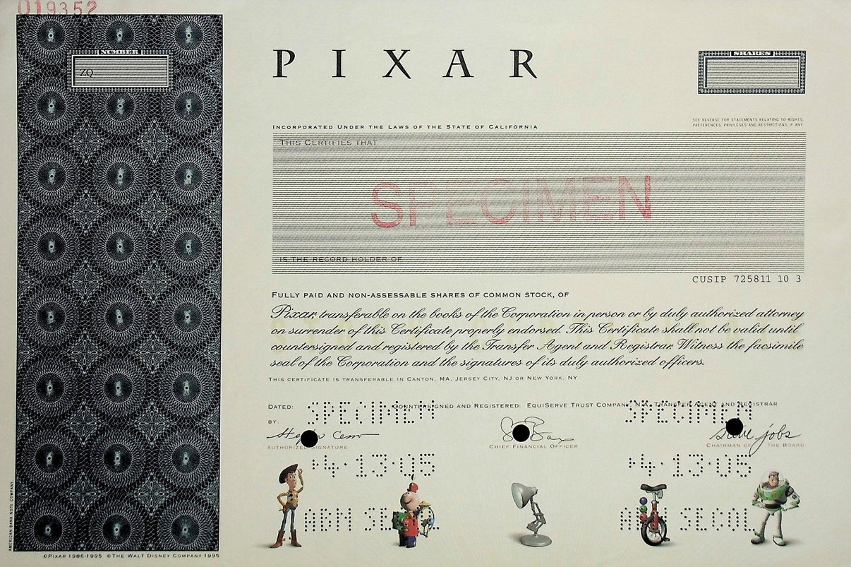 Pixar Stock Certificate with Steve Jobs Signature printed (2005 ...
