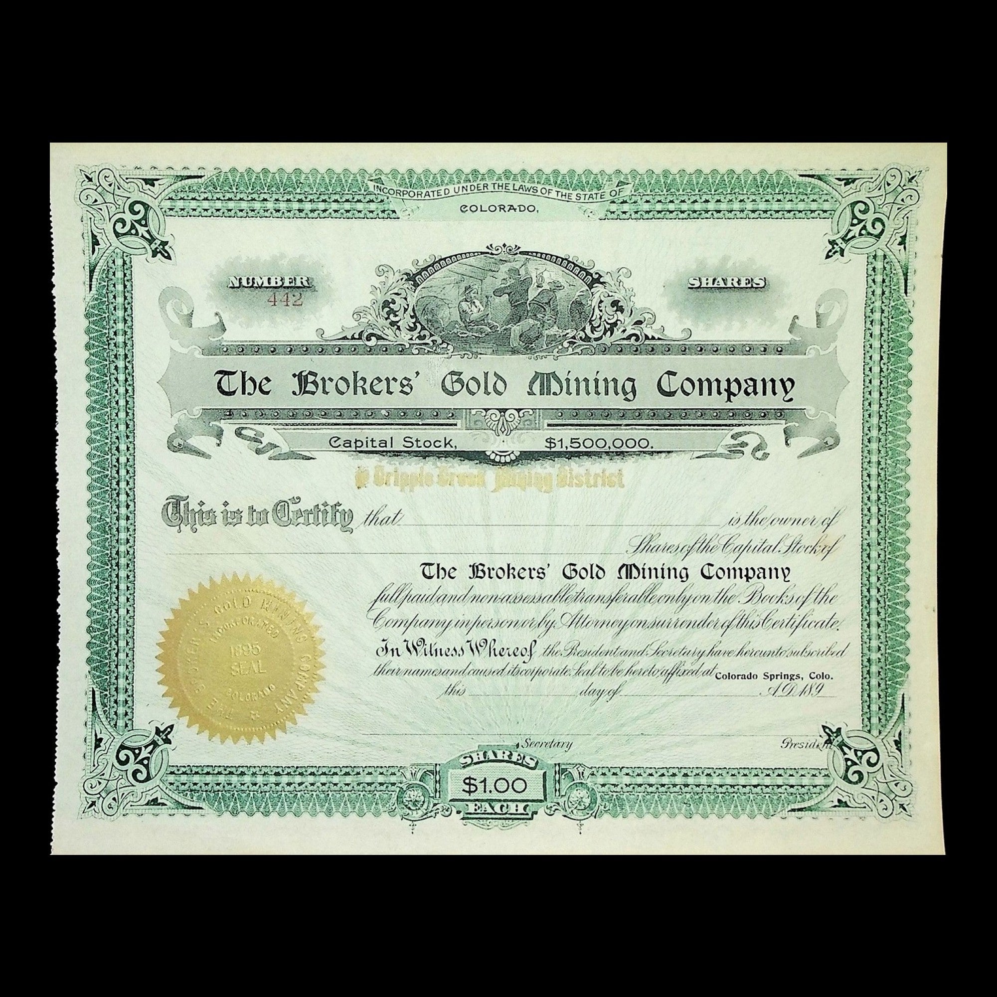 Brokers' Gold Mining Company Stock Certificate (1890s) – Ticker History