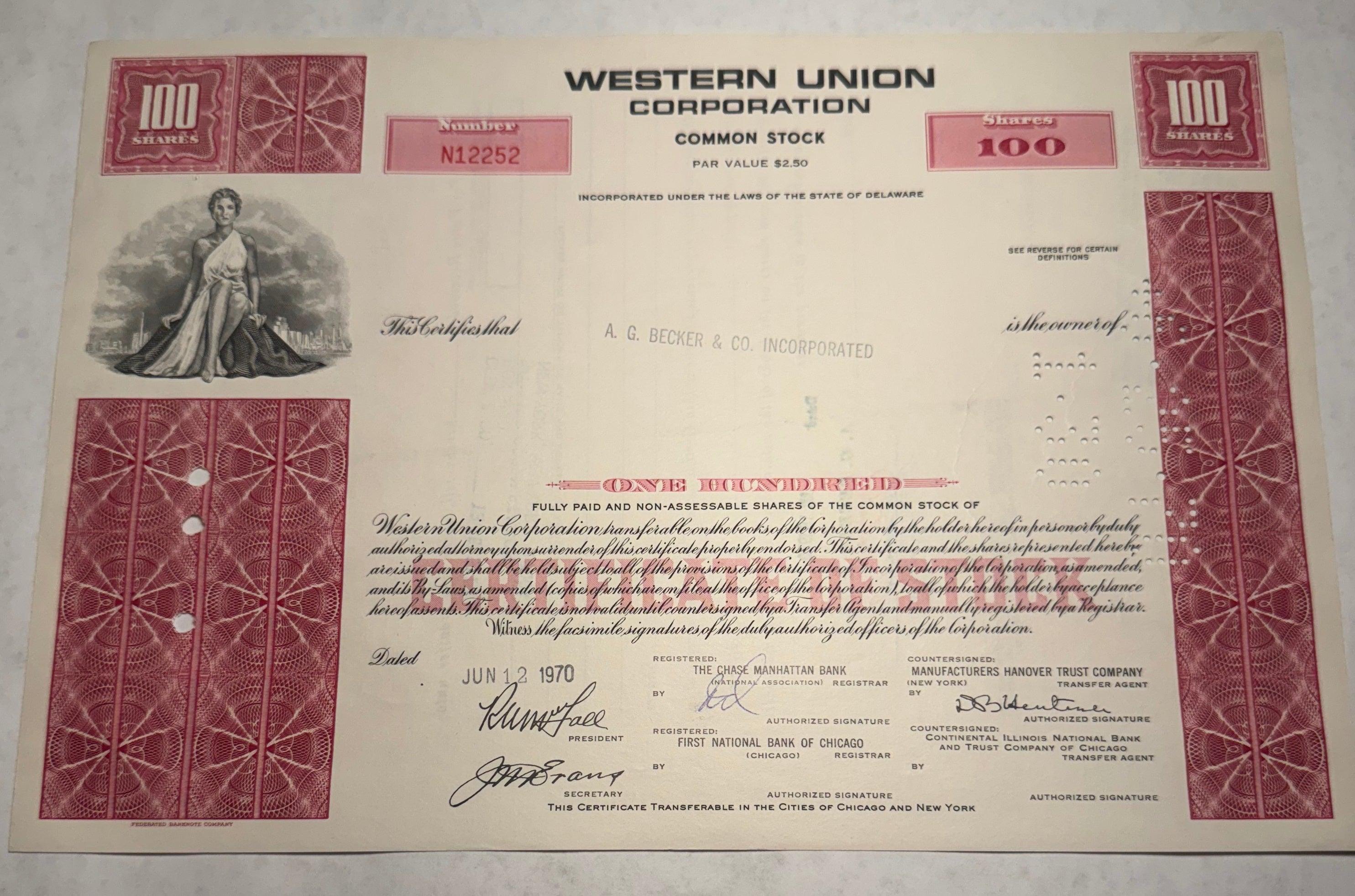 Western Union Telegraph Company Stock Certificate from 1960s - Red/Blu ...